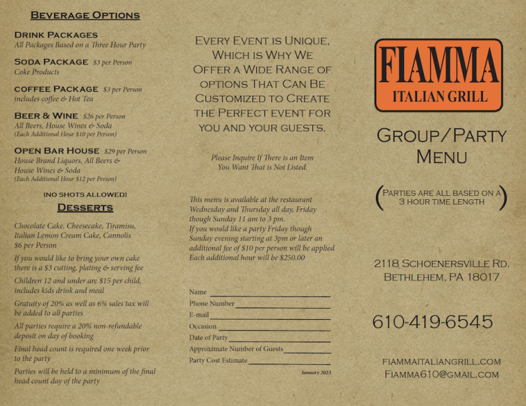 Party Menu Catering - Fiamma Italian Grill | Fullerton PA