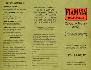 Party Menu Catering - Fiamma Italian Grill | Fullerton PA