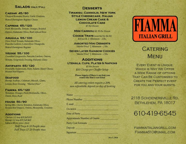 Italian Catering Near Bethlehem - Fiamma Italian Grill